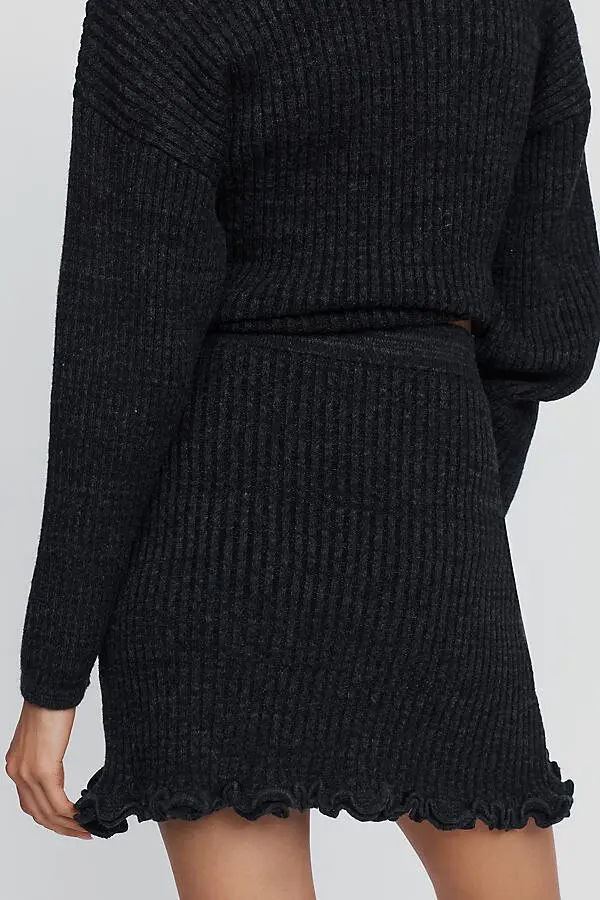 Maeve Cotton Wool Ribbed & Ruffled Knit Mi Skirt - Black