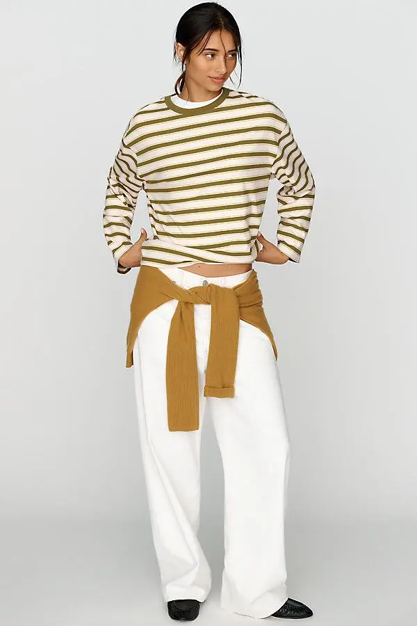 PILCRO 100% Cotton Striped Crew Neck Tee