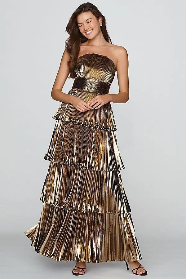 Mac Duggal Strapless Tiered Maxi Gown - Gold