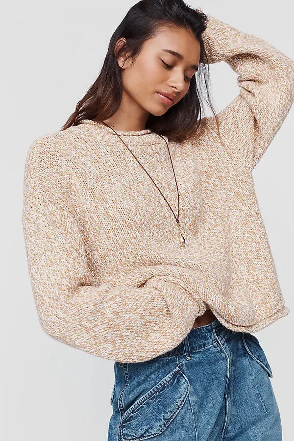 PILCRO Harlow 100% Marled Cotton Sweater - Camel