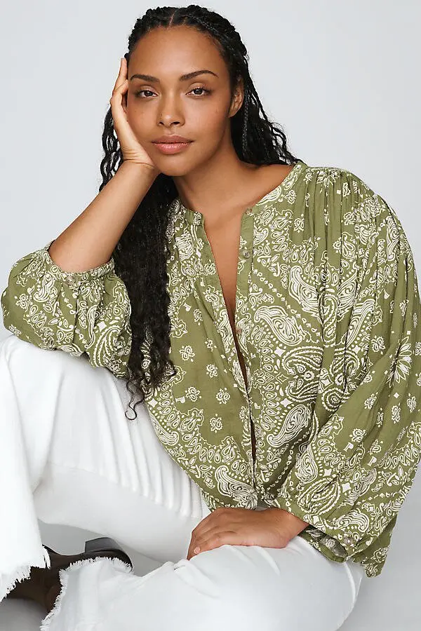 PILCRO Sidney 100% Cotton Batwg Blouse - Green Pattern