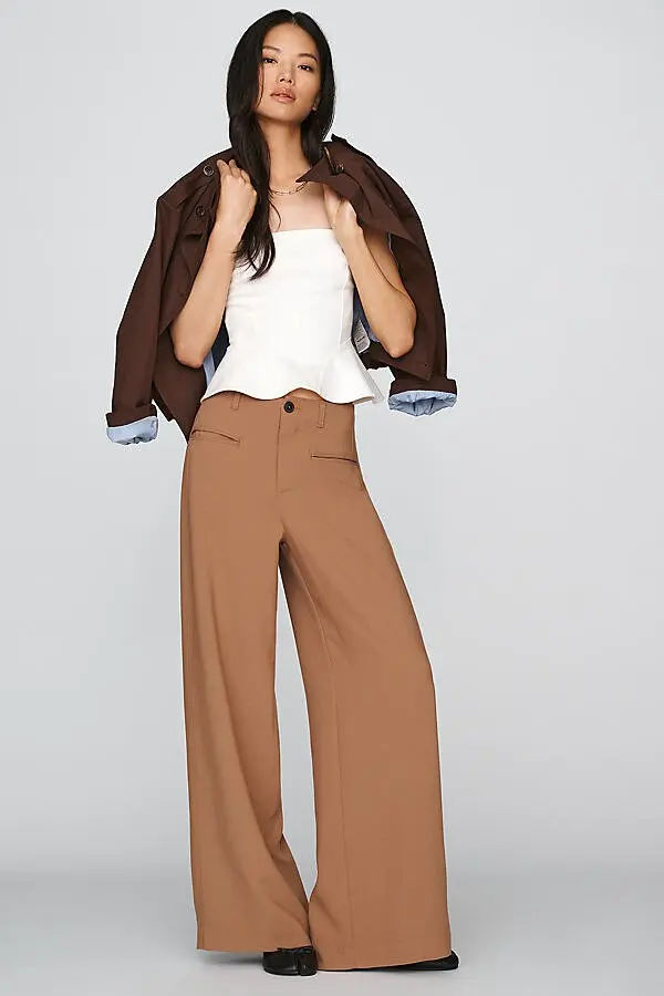 Maeve Drapey High Rise Wide Leg Trousers Pants - Tan