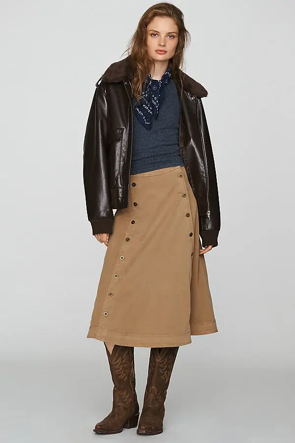 PILCRO Button Panel Midi Skirt - Camel