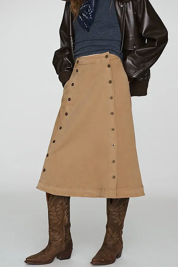 PILCRO Button Panel Midi Skirt - Camel