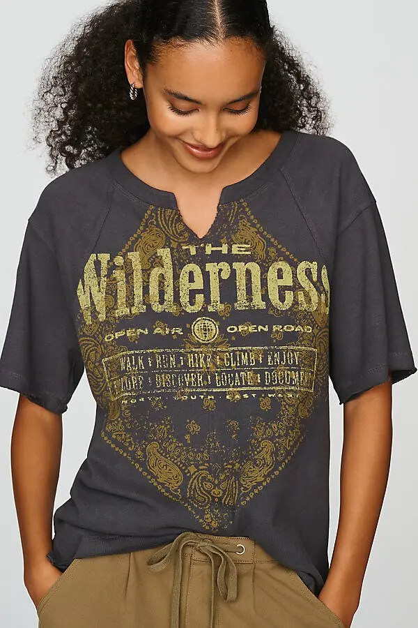 PILCRO 100% Cotton Notched Graphic Tee - Grey
