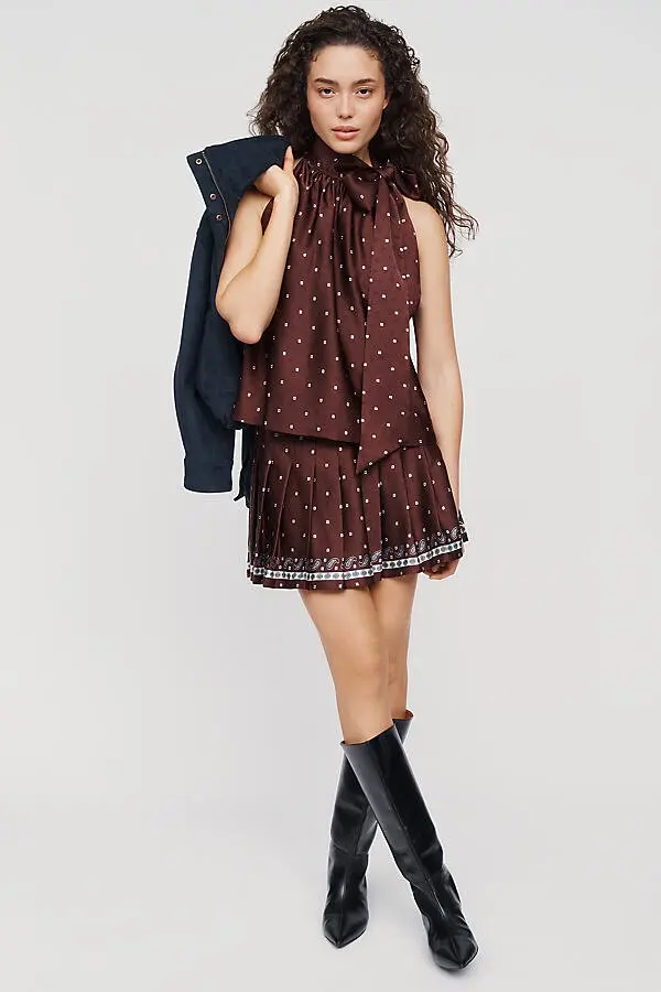 Maeve Silken Scarf Neck Top - Brown Pattern