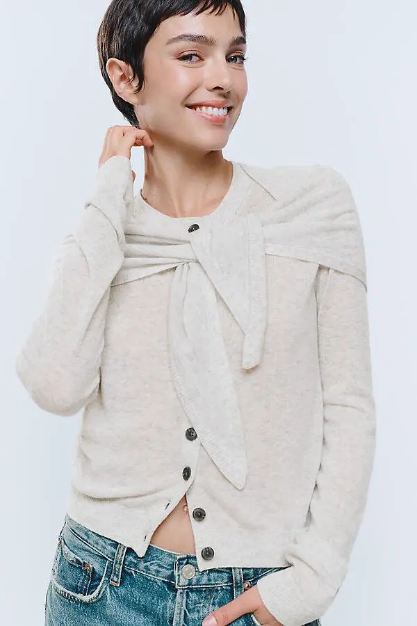 Maeve Wool Cashmere Cardigan With Scarf - Grey