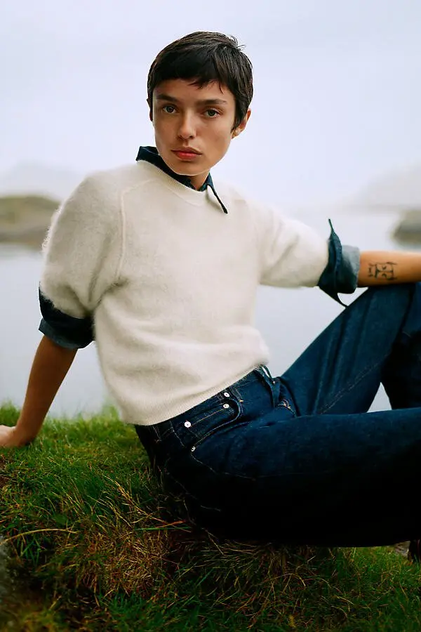 PILCRO Kaia 100% Cashmere Short Sleeve Sweater - Ivory