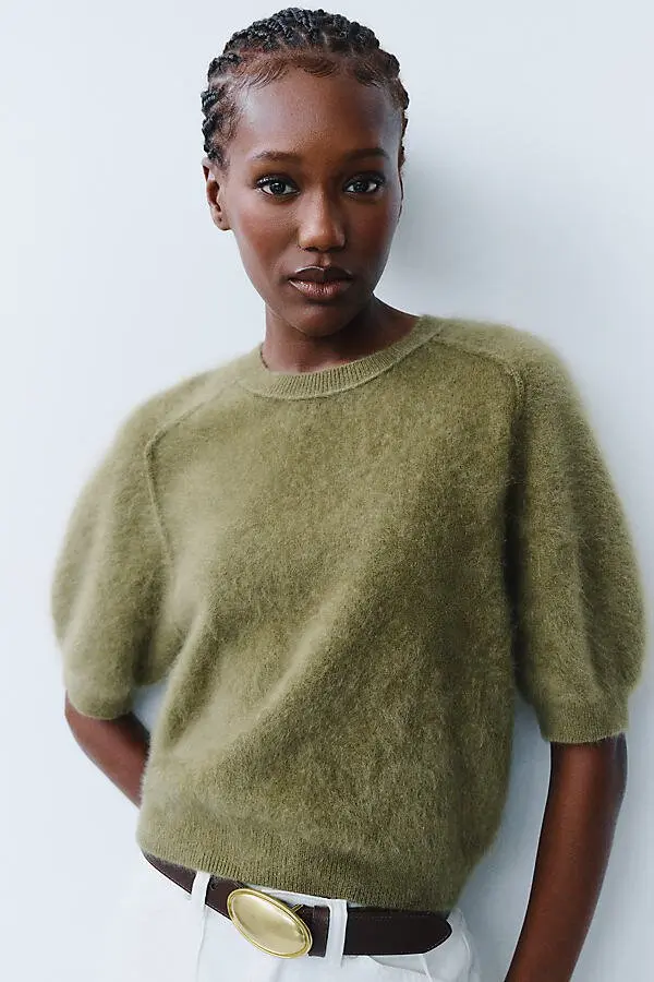 PILCRO Kaia 100% Cashmere Short Sleeve Sweater - Olive