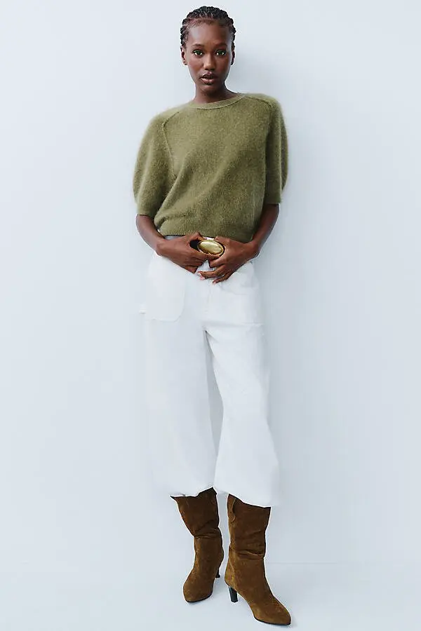 PILCRO Kaia 100% Cashmere Short Sleeve Sweater - Olive