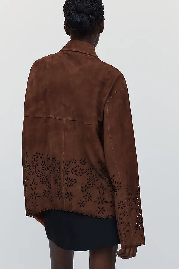 Anthropologie Suede Cutwork Barn Jacket