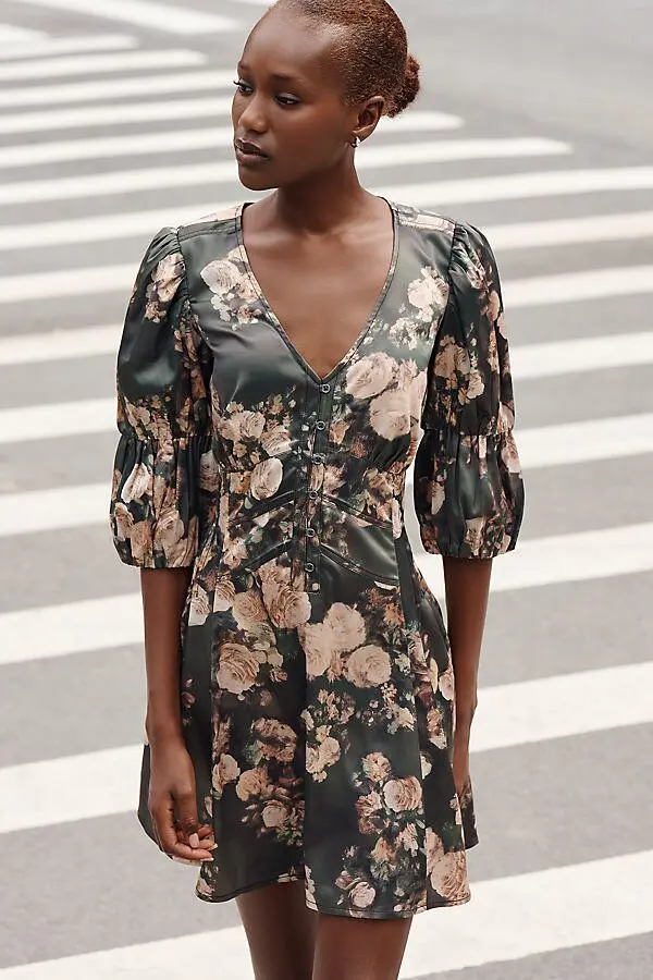PILCRO Puff-sleeve Slip Mi Dress - Green Pattern