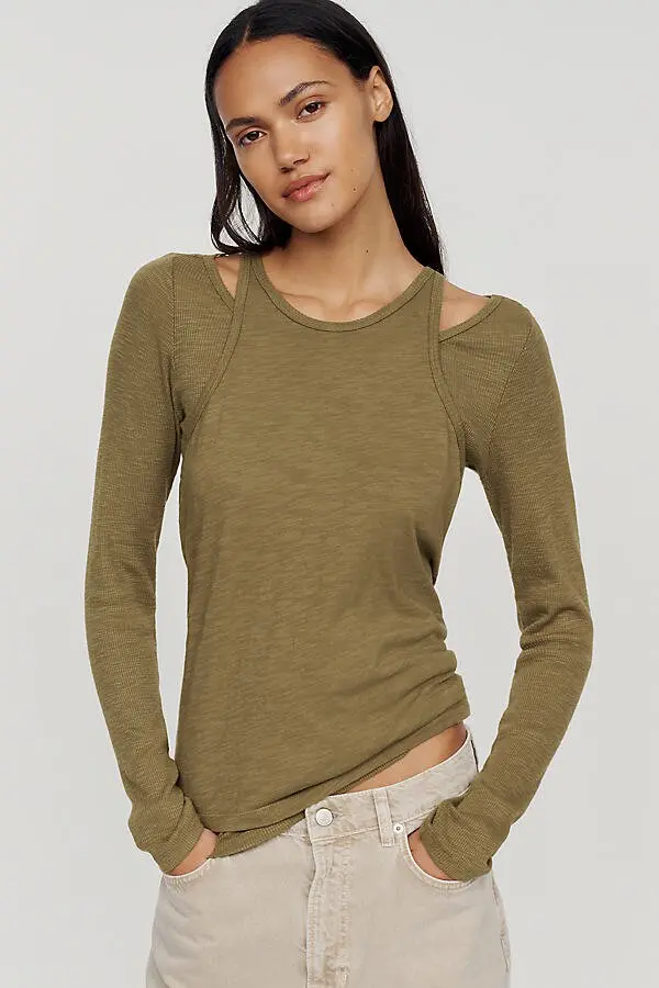 Wilt 100% Cotton Twofer Layered Shirt Top - Olive