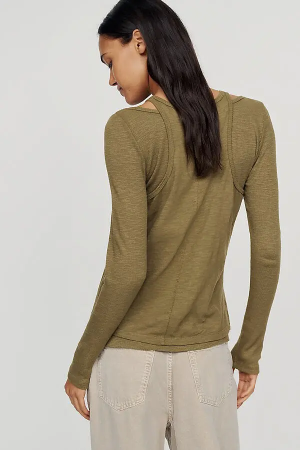 Wilt 100% Cotton Twofer Layered Shirt Top - Olive