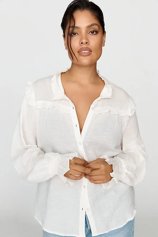 Anthropologie 100% Cotton Ruffled Blouse - White