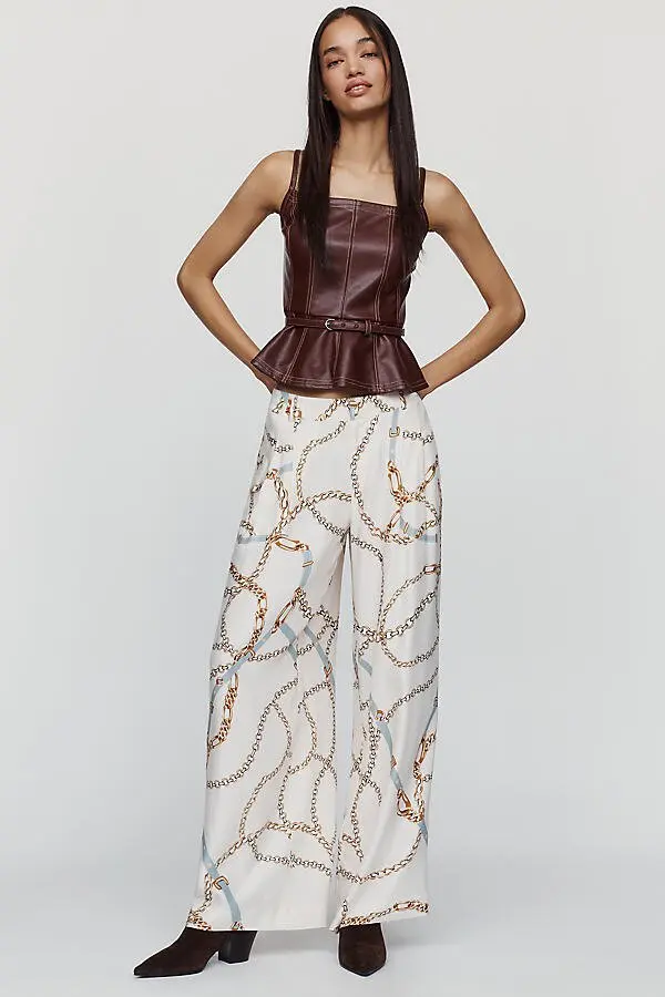Anthropologie Pleated High Rise Wide Leg Pants - Ivory Pattern