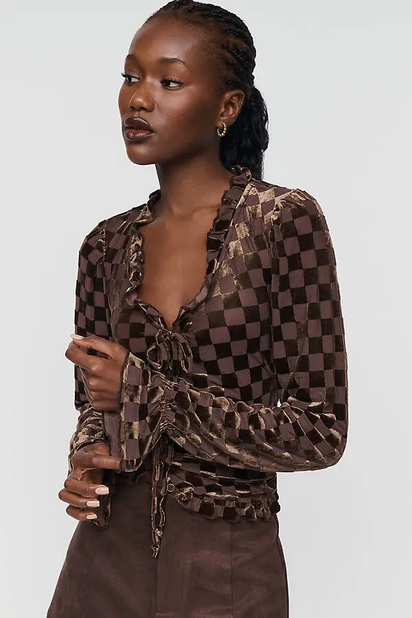 Anthropologie Checkered Flocked Cardigan Top - Brown Pattern