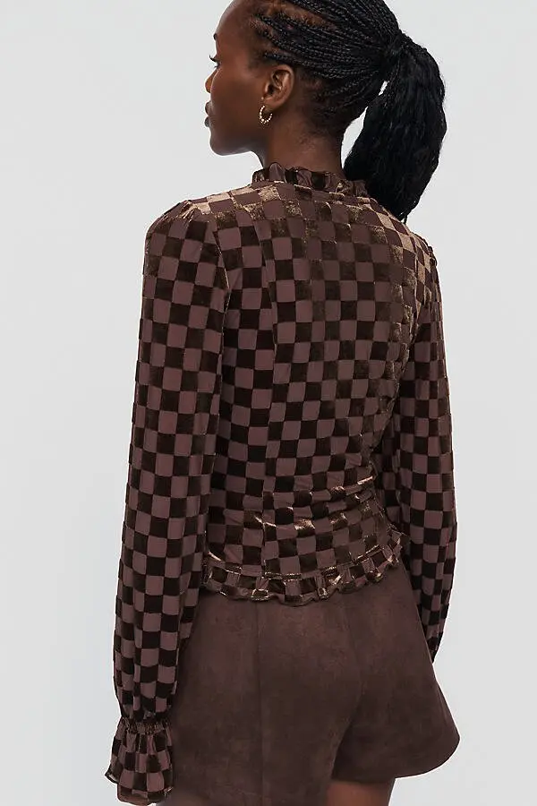 Anthropologie Checkered Flocked Cardigan Top - Brown Pattern