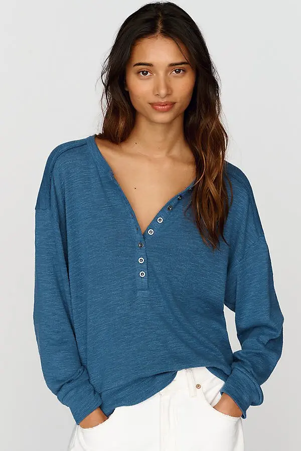 PILCRO 100% Cotton Slub Henley Top - Blue