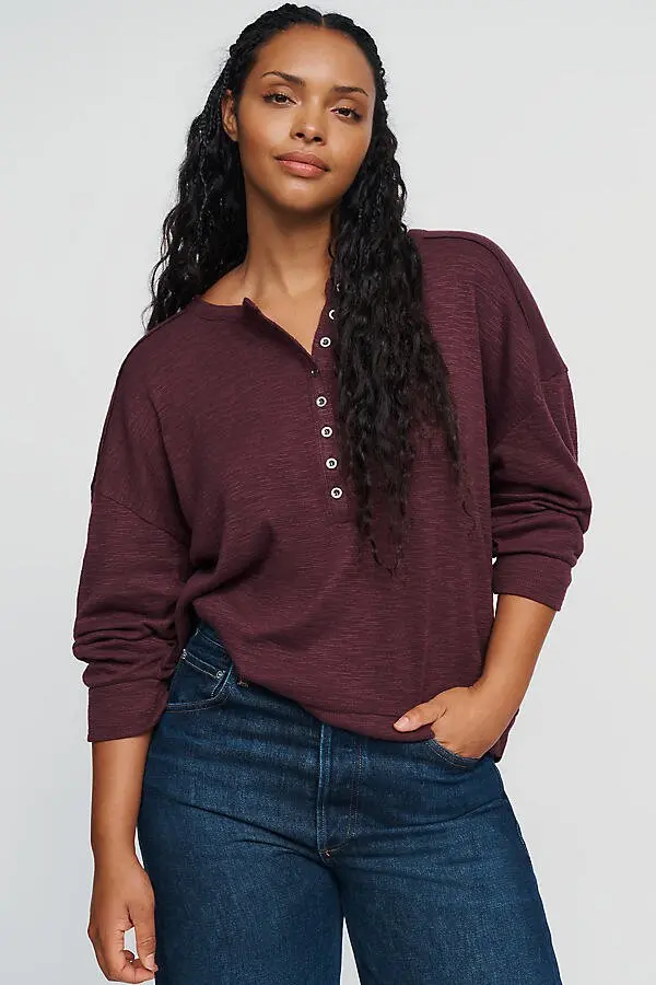 PILCRO 100% Cotton Slub Henley Top - Chocolate