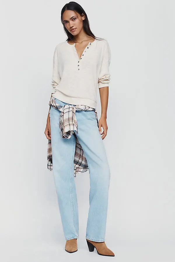 PILCRO 100% Cotton Slub Henley Top - Ivory
