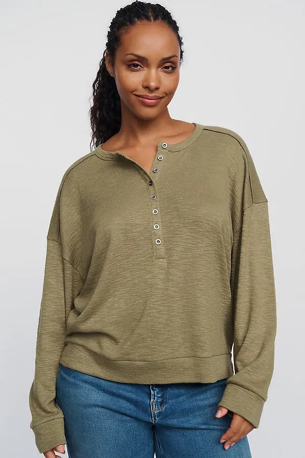 PILCRO 100% Cotton Slub Henley Top - Olive