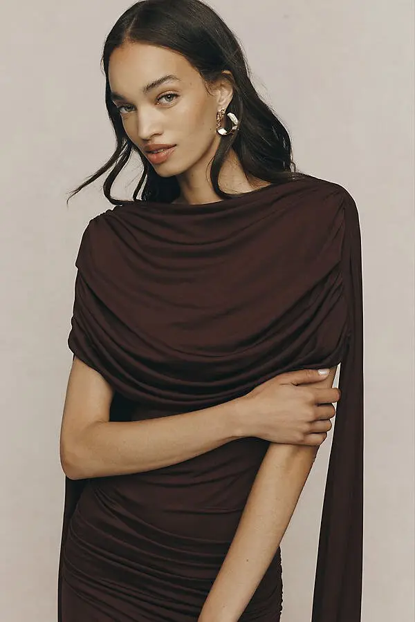 SIEMPRE Ruched Cape Maxi Gown