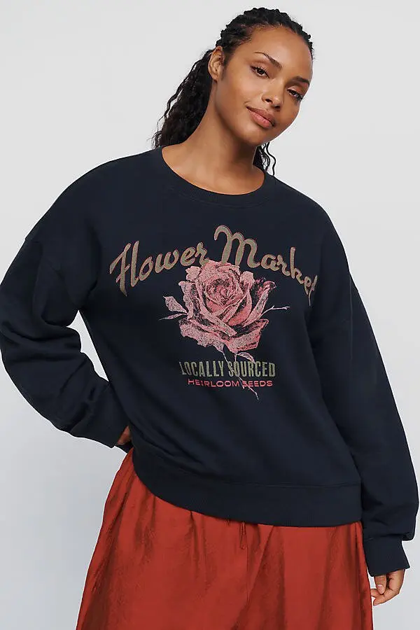 Anthropologie 100% Cotton Flower Market Sweatshirt - Black Pattern