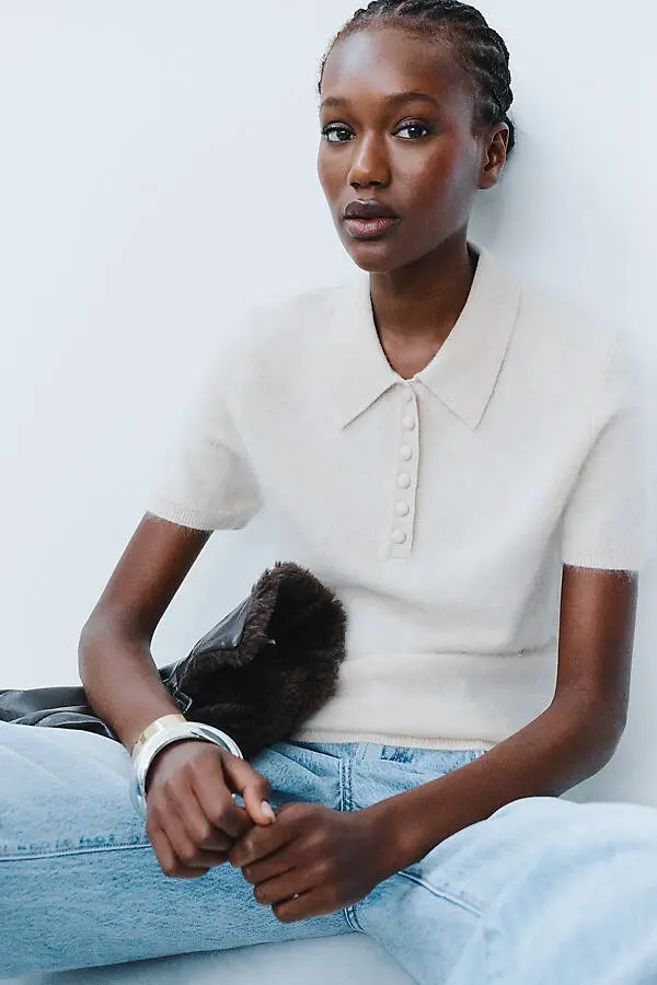 Maeve 100% Brushed Cashmere Polo Sweater - Ivory