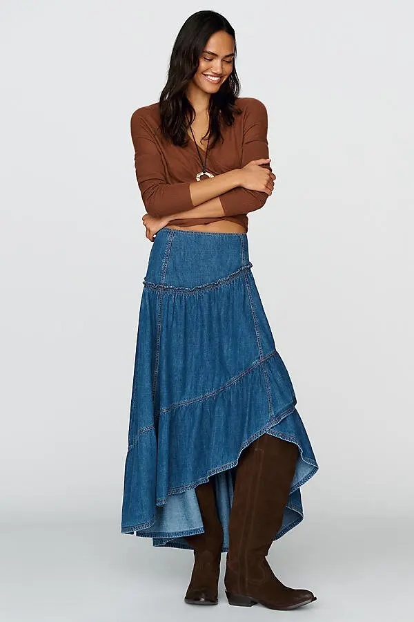 Anthropologie Pilcro Denim Asymmetrical Tiered Skirt - Medium Denim