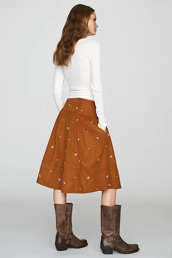 PILCRO 100% Cotton Corduroy Midi Skirt