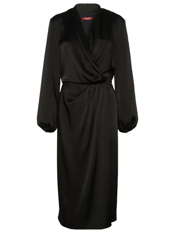 Max Mara Satin-lined Draped-waist V-neck Dress With Jeweled Cuff Buttons - Nero