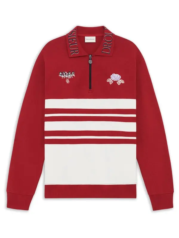 Drole De Monsieur Long-sleeve Striped Half-zip Embroidered Polo - Rosso