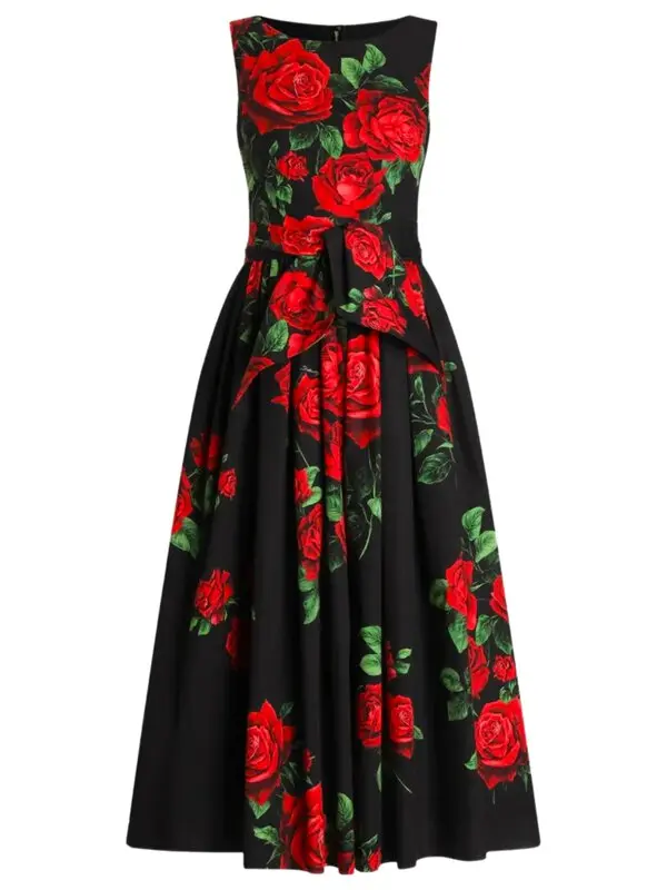 Dolce & Gabbana Boat Neck Sleeveless Pleated Dress With Side Pockets And Front-tied Scarf Belt - Nero