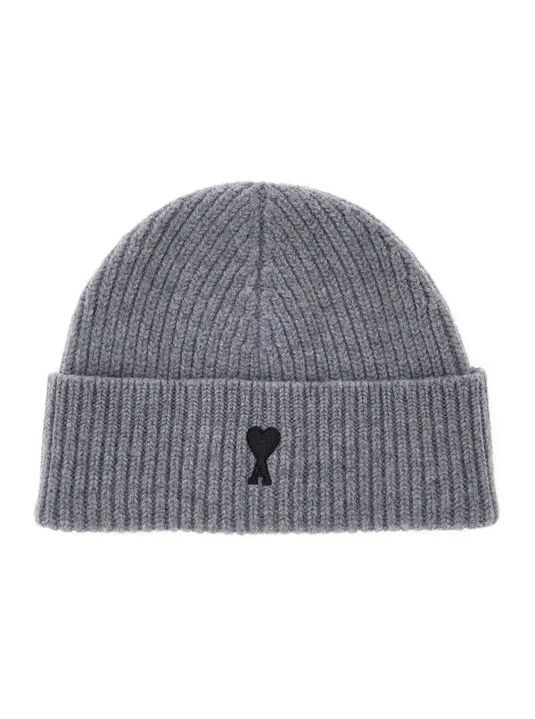 AMI Paris Ribbed Wool Beanie Hat - Grey