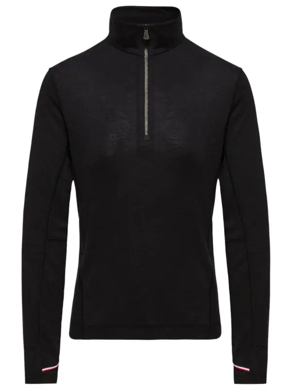 Moncler High-neck Half-zip Wool-silk Long-sleeve Shirt With Sleeve Logo Patch - Nero