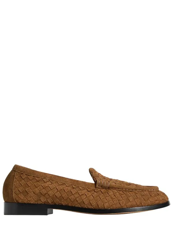 Bottega Veneta Supple Suede Loafer With Woven Detail And Leather Outsole - Marrone