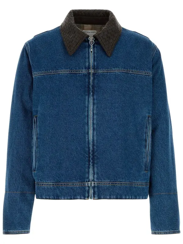 Bottega Veneta Intrecciato Leather Mini Collar Jacket With Concealed Zip & Side Pockets
