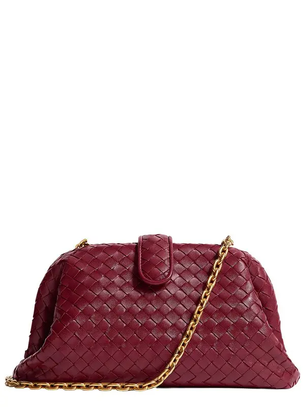 Bottega Veneta Mini Intrecciato Leather Clutch Crossbody With Brass-tone Chain - Rosso