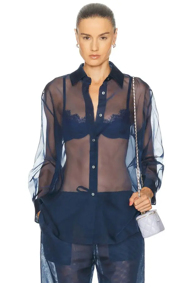 Renggli Organza Button Up Shirt In Navy - Midnight