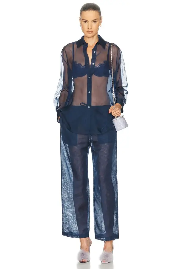 Renggli Organza Button Up Shirt In Navy - Midnight