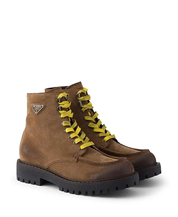 Prada Aged Suede Lace-up Ankle Boots - Light Brown