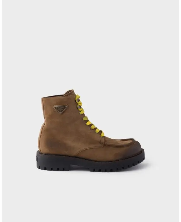 Prada Aged Suede Lace-up Ankle Boots