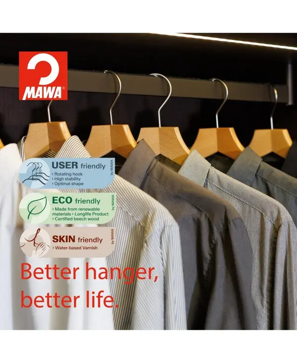 MAWA Beechwood Shirt Hanger With Wide Shoulder Support, Set Of 4