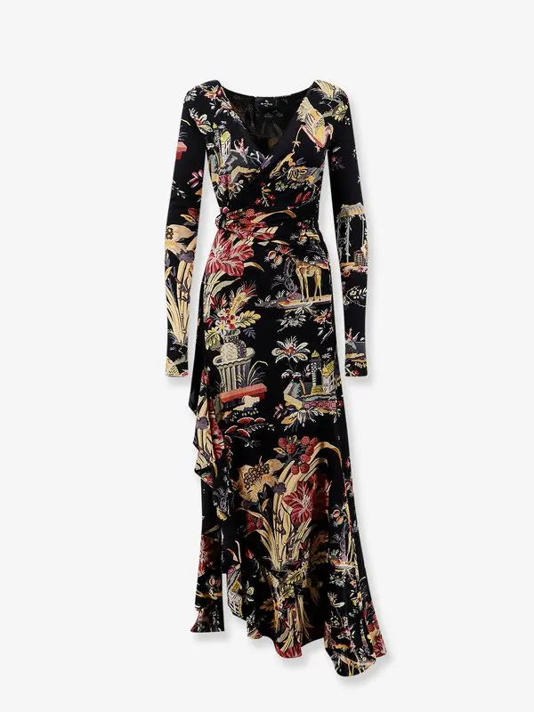Etro Stretch Viscose Long Dress With Multicolor Print - Black