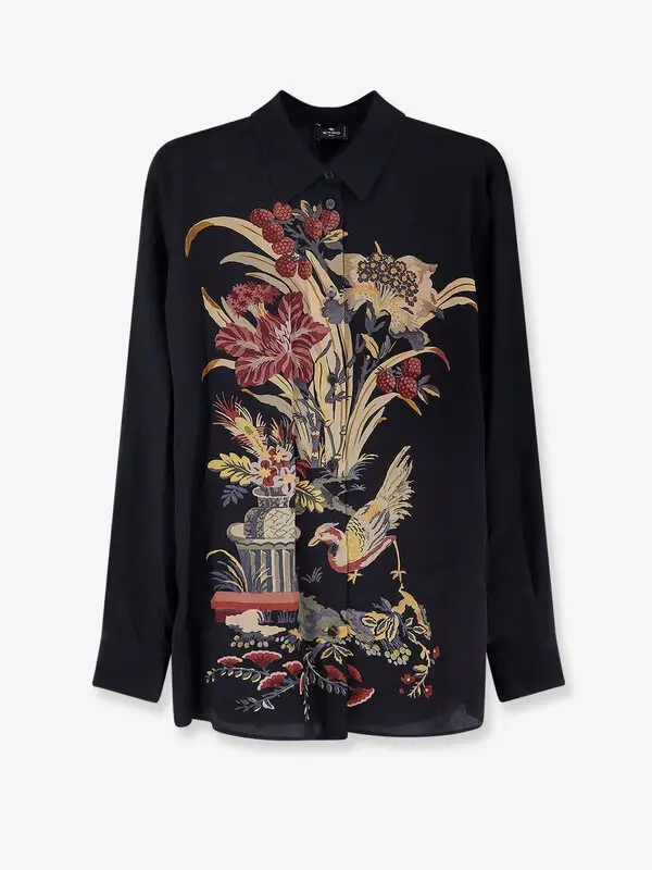 Etro Silk Shirt With Frontal Print - Nero
