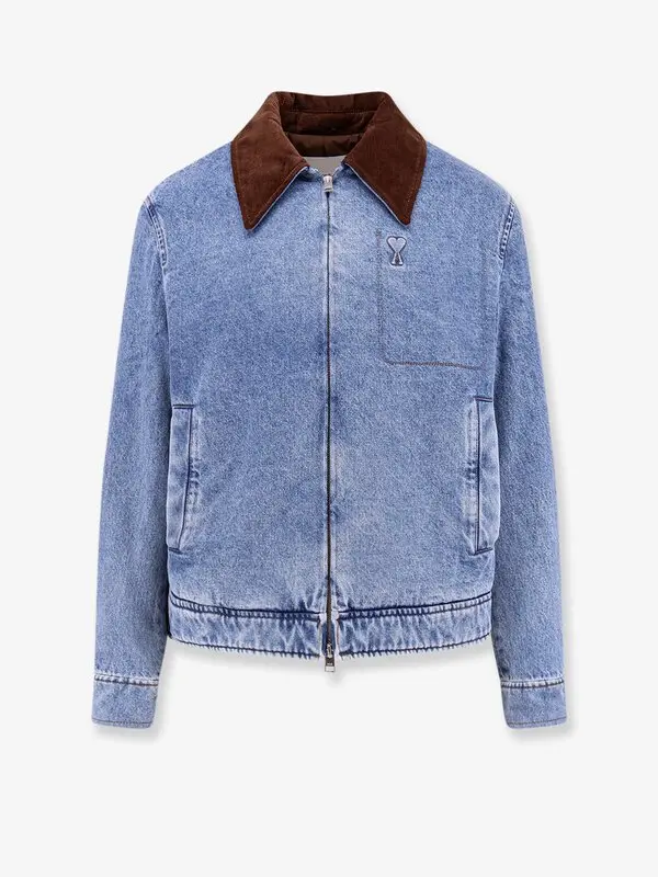 AMI Paris De Coeur Padded Denim Jacket With Zip - Blue
