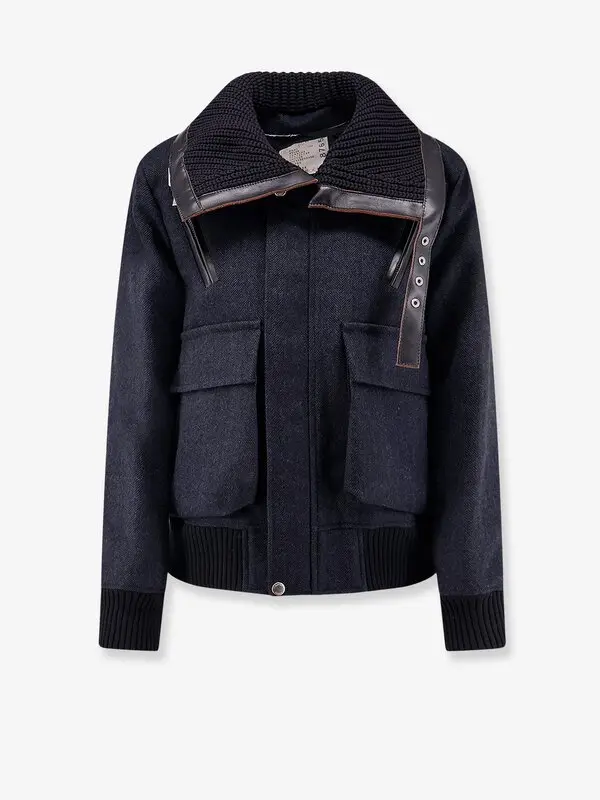 Sacai Herringbone Wool Padded Bomber - Blue