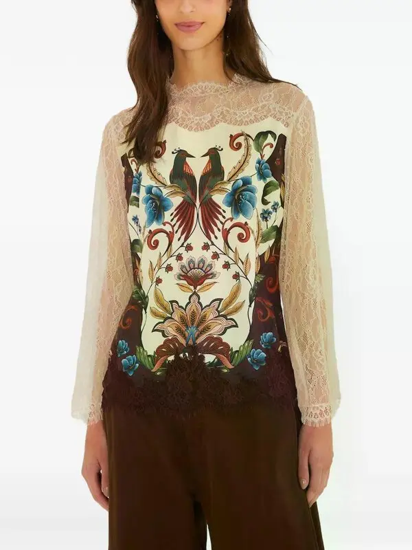 Farm Rio Lace-panelled Graphic-print Top