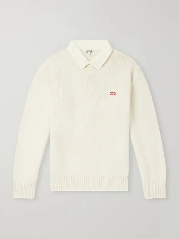 Loewe Anagram-embroidered Cotton Twill-trimmed Wool-blend Polo Sweater - Neutrals
